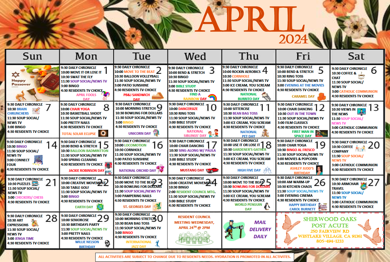 Activity Calendar - Sherwood Oaks Post Acute
