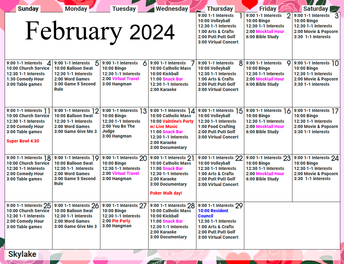 Activity Calendars & Special Events | Skylake Post Acute